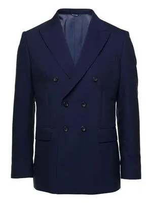 REVERES 1949 Double-breasted Wool & Cashmere Blazer With Peak Revers And Shoulder Pads - Blu