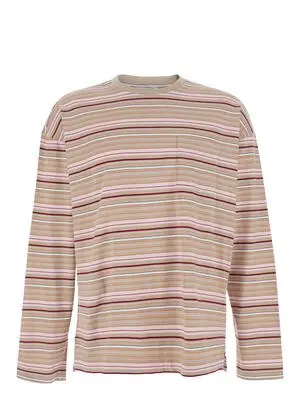 SUNFLOWER Long Sleeve Crew Neck Jersey T-shirt With All-over Stripe Motif And Front Patch Pocket - Beige
