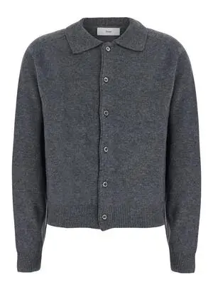 DUNST Ollared Knit Cardigan With V-neck, Button Front & Ribbed Hems - Grey