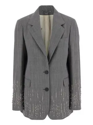 GOLDEN GOOSE Virgin Wool Single-breasted Blazer Jacket With Notched Revers And Crystal Check Motif - Grey