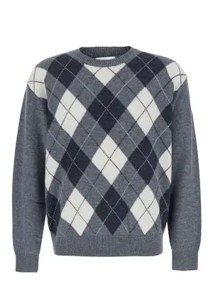DUNST Dunst Unisex Argyle Crew Neck Sweater Grey