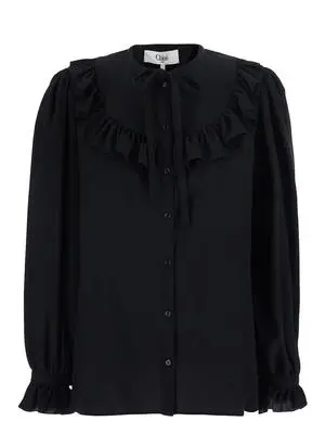 Chloé Silk Shirt With Front Knot Detail And Cuff Straps - Black