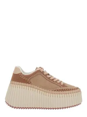 Chloé Inspired Suede-trim Leather Sneaker With Front Laces And Rubber Sole - Pink