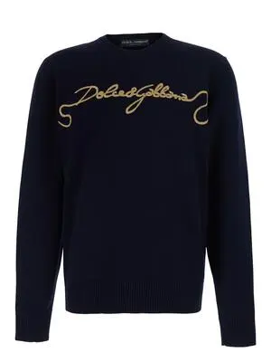 DOLCE E GABBANA Crew Neck T-shirt With Front Logo Lettering Embroidery - Blu