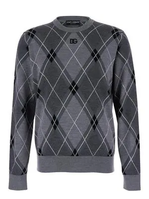 DOLCE E GABBANA Crewneck Sweater With Front Logo And All-over Diamond Pattern In Wool Blend - Grey