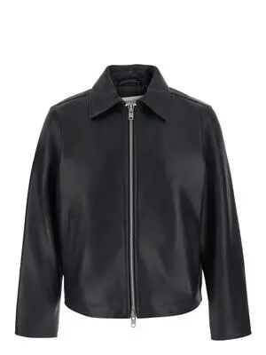 SUNFLOWER Classic Collar Leather Zip-front Jacket - Black