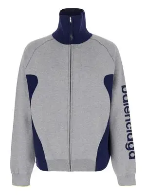 Balenciaga Contrast High-collar Cotton Zip Cardigan With Logo Sleeve - Grey