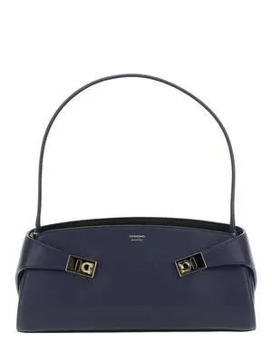 FERRAGAMO Hug Leather Shoulder Handbag With Zip Front, Internal Pocket And Adjustable Strap, 30 X 20 X 10 Cm - Blu