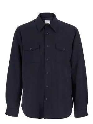 Aspesi Wool-blend Shirt With Pointed Collar, Button Front & Patch Pockets - Blu