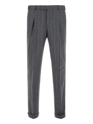 PT TORINO Slim-fit Wool-blend Pants With Front Pleats, All-over Stripe Motif And Cuffed Hem - Grey