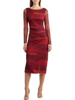 Vince Camuto Long Sleeve Mesh Body-con Dress - Rust