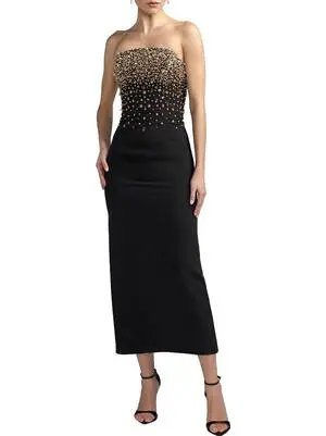 Mac Duggal Beaded Strapless Crepe Midi Dress - Black