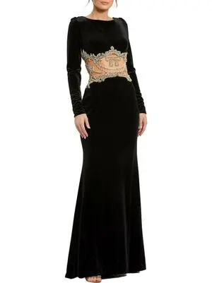 Mac Duggal Long Sleeve Sheer Embellished Velvet Gown - Black