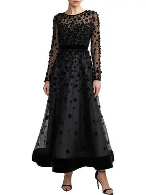 Mac Duggal Petite Floral Applique Beaded Tulle Evening Gown - Black