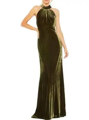 Mac Duggal Velvet Halter Column Gown - Olive