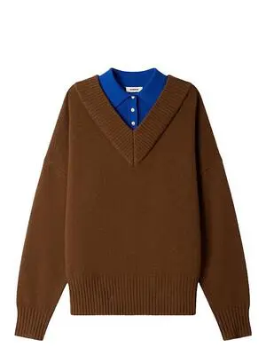 Sandro Collared Two-in-one Wool And Cashmere-blend Jumper - Camel