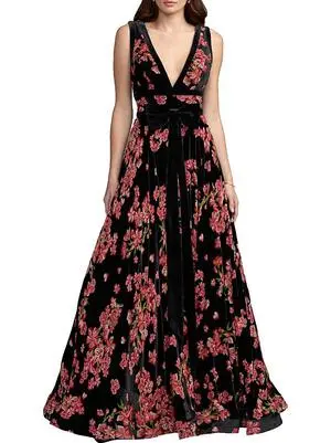 Mac Duggal Floral Velvet Ball Gown With Bow - Black Multi