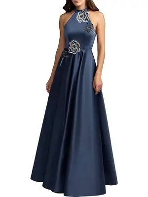Mac Duggal Satin Sleeveless Floral Detail A Line Gown - Midnight