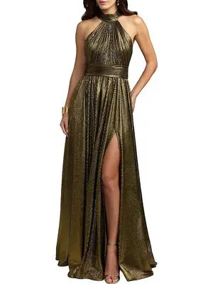 Mac Duggal Metallic Pleated Mock Neck Gown - Gold