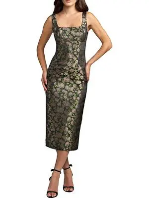 Mac Duggal Sleeveless Square Neck Fitted Brocade Midi Dress - Black Multi
