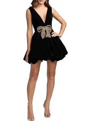 Mac Duggal Sleeveless Bubble Hem Velvet Mini Dress With Bow - Black