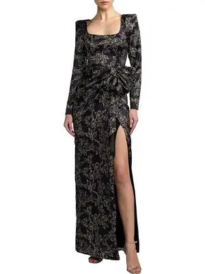 Mac Duggal Floral Printed Long Sleeve Gown With Bow - Black Multi