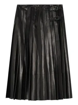 Burberry Leather Pleated Midi Skirt - Black