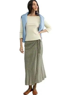 Donni. Tencel Plaid Tie Wrap Skirt - Lake/butter Plaid