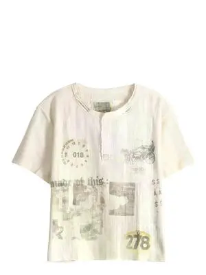 SAITOS Graphic-print Waffle-knit Henley T-shirt - Neutrals