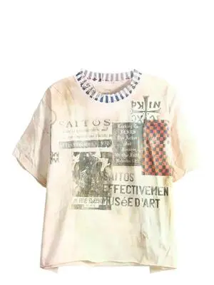 SAITOS Striped-neck Graphic-print T-shirt - Neutrals