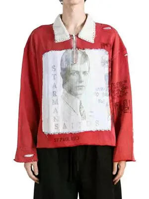 SAITOS Starman Quarter-zip Distressed Polo Shirt - Red