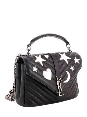 Saint Laurent Classic Monogram College Bag Embellished Matelasse Chevron Leather Medium Shoulder Bag - Black