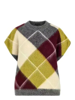 SOLOTRE Argyle-knit Short-sleeve Sweater - Grey