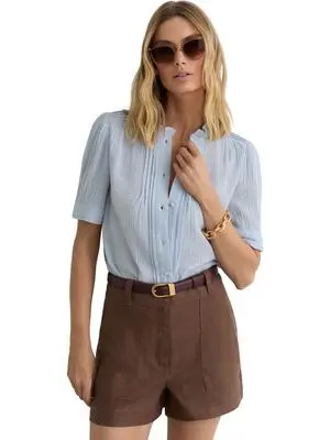 REISS Aurelia Cotton Cheesecloth Frill-neck Top - Light Blue