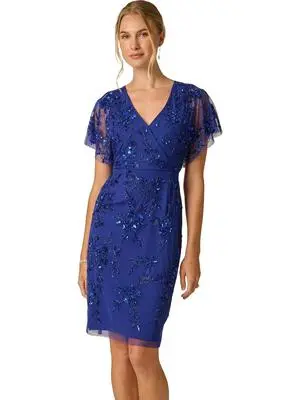 Adrianna Papell Flutter Sleeve Floral Beaded Surplice Cocktail Dress - Ultra Blue
