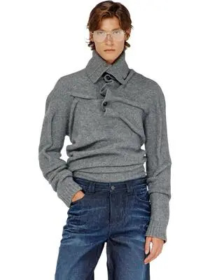 DIESEL® Button-neck Jumper In Wrinkled Boiled Knit Grey
