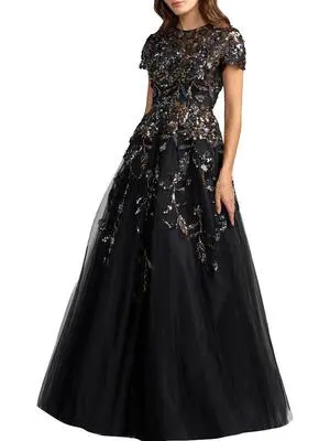 Mac Duggal Floral Embellished High Neck Tulle Ball Gown - Black Multi