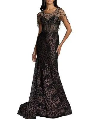 Mac Duggal Lace Corset Gown With Draped Beading - Black
