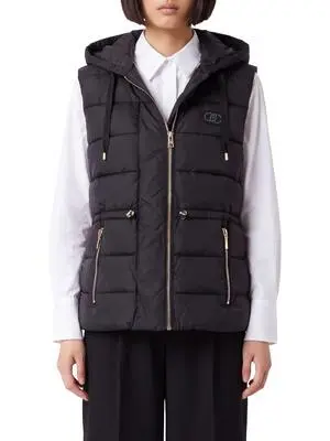 Liu Jo Quilted And Padded Nylon Vest With Hood And Rhinestone Logo - Black