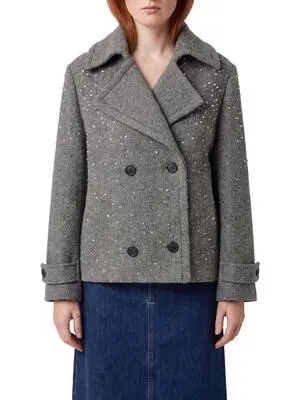 GOLDEN GOOSE Double-breasted Short Coat In Virgin Wool With Crystal Embellishments Grey