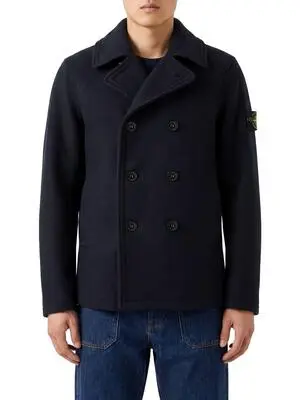 STONE ISLAND Double-breasted Wool Peacoat With Compass Logo Patch
