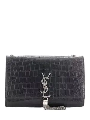 Saint Laurent Classic Monogram Tassel Crocodile Embossed Leather Medium Crossbody Bag - Black