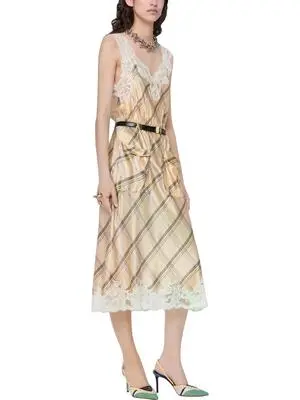 Rabanne Midi Dress In Beige Tartan Print Silk Satin With Lace Detailing - Neutrals