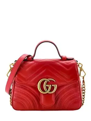 Gucci Gg Marmont Top Handle Flap Bag Matelasse Leather Mini Satchel - Red