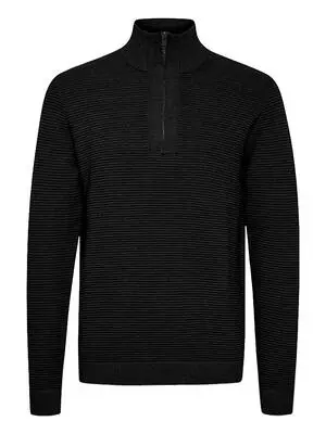 SOLID Cotton Ribbed Quarter Zip Stand Collar Sweater - Black