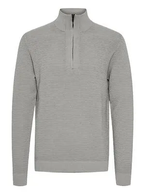 SOLID Cotton Ribbed Quarter Zip Stand Collar Sweater - Light Grey