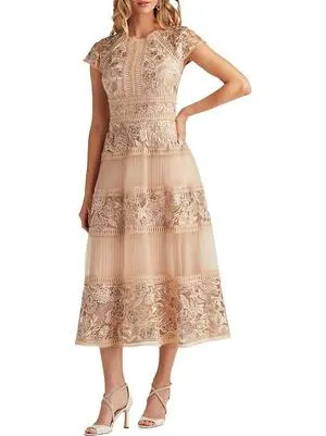 Tadashi Shoji Tamsin Embroidered Tulle Midi Dress - Pebble