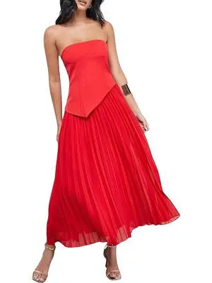 WAREHOUSE Bandeau Bodice Pleated Midi Dress - Red
