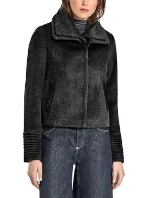 Sentaler Boucle Knit Double Collar Moto Jacket - Black