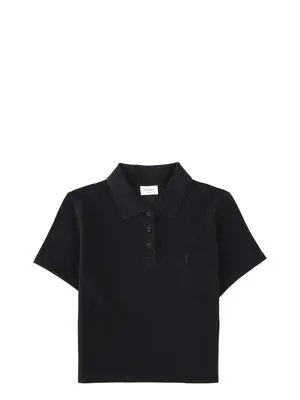 Saint Laurent Polo Corta Cassandre In Piqué Di Cotone - Black
